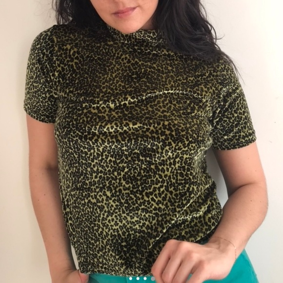 Vintage | Tops | Vintage Velvet Green Leopard Print Mock Neck | Poshmark